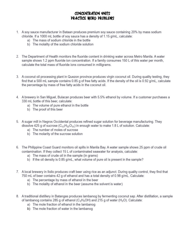Concentration Units Practice Problems | PDF | Ethanol | Water