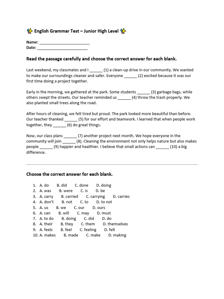 English Grammar Test = JHS | PDF