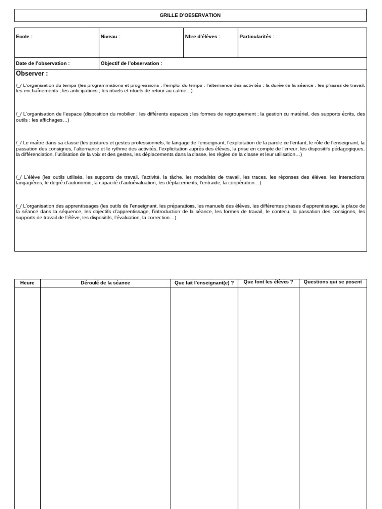 Grille d'Observation Pédagogique | PDF