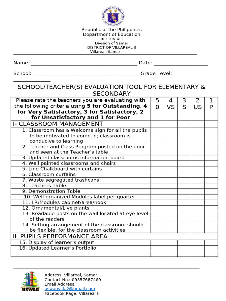 Teacher Evaluation Tool for Villareal | PDF | Teachers | Classroom
