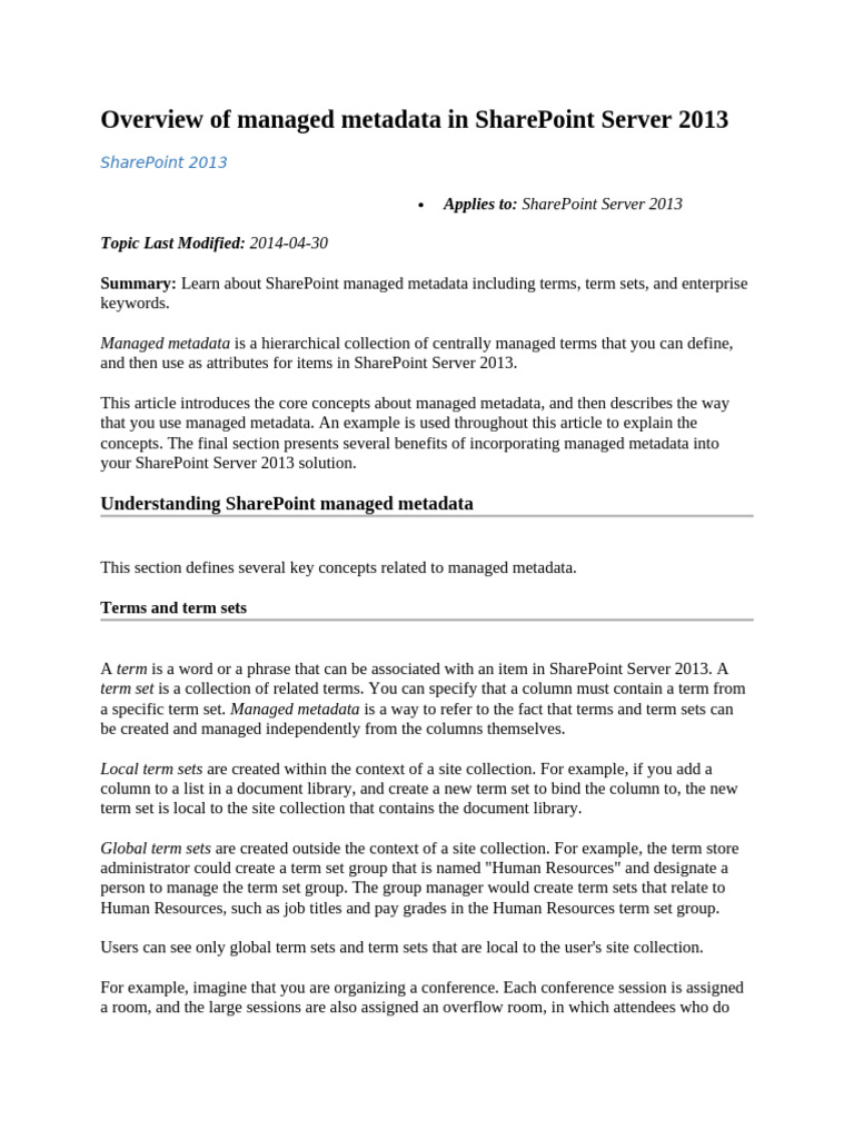 Overview of managed metadata in SharePoint Server 2013 | PDF | Metadata ...