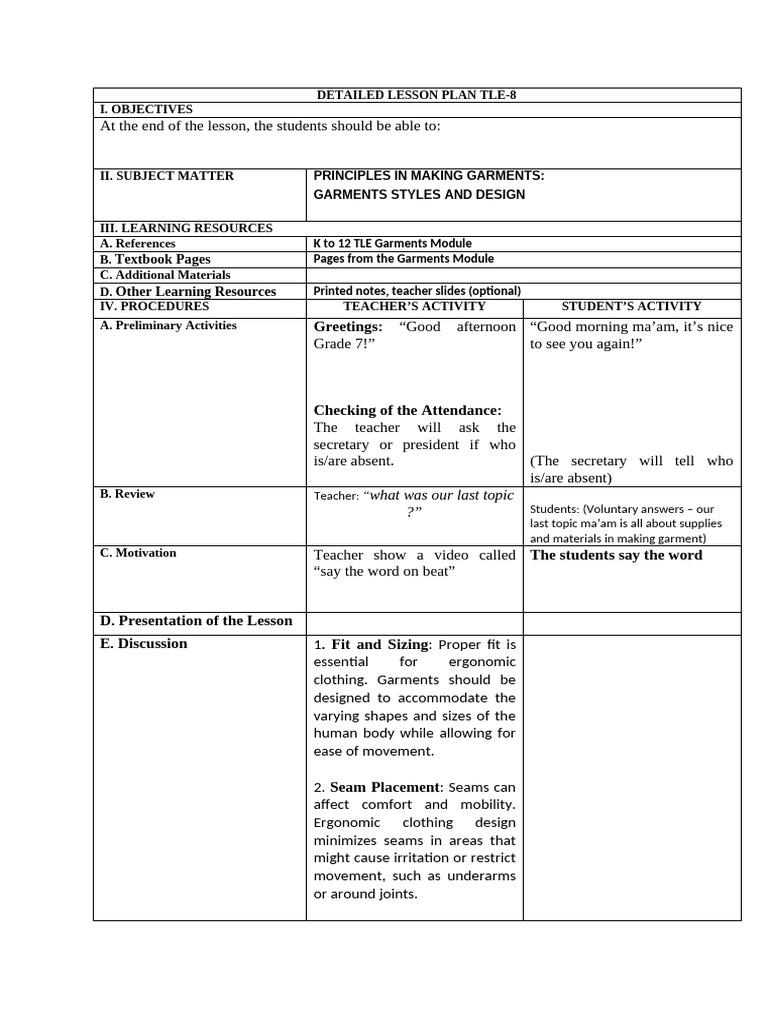 Ergonomic Garment Design Lesson Plan | PDF | Clothing | Fashion