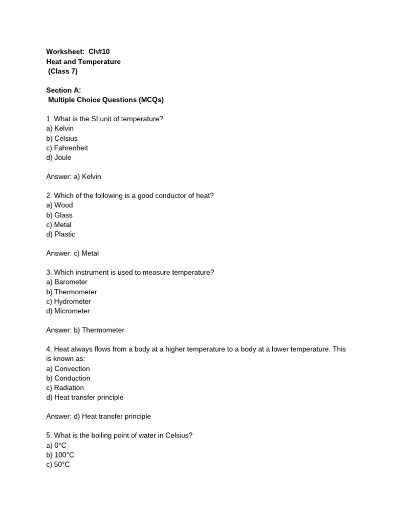 Heat and Temperature Worksheet for Class 7 | PDF | Temperature | Heat