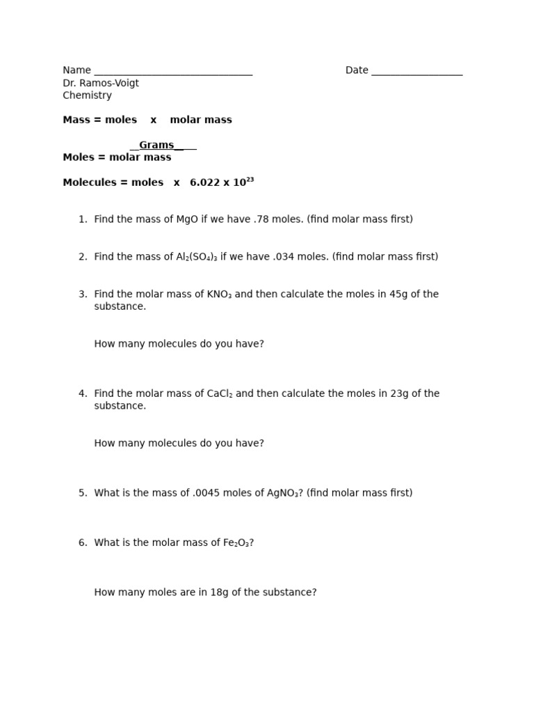 Chemistry Molar Mass and Mole Calculations | PDF