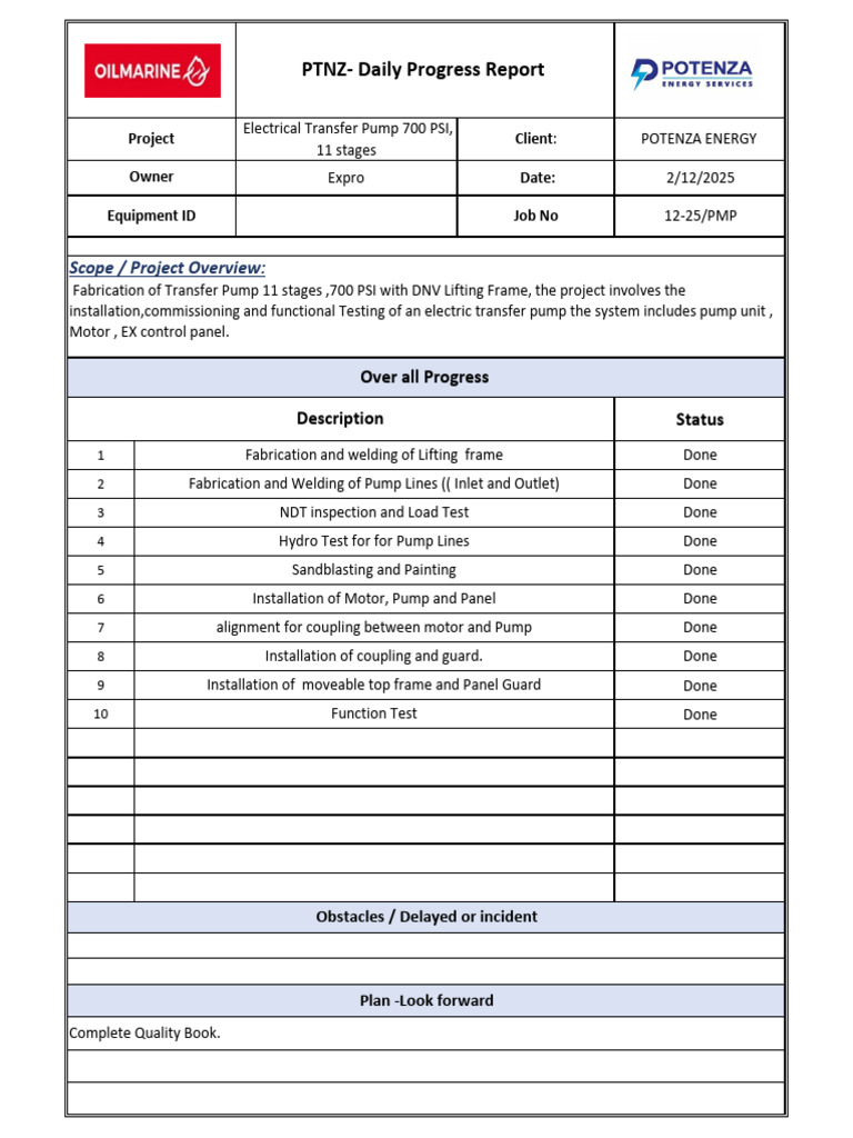PTNZ- Daily Progress Report-2!12!2025 | PDF | Pump | Valve