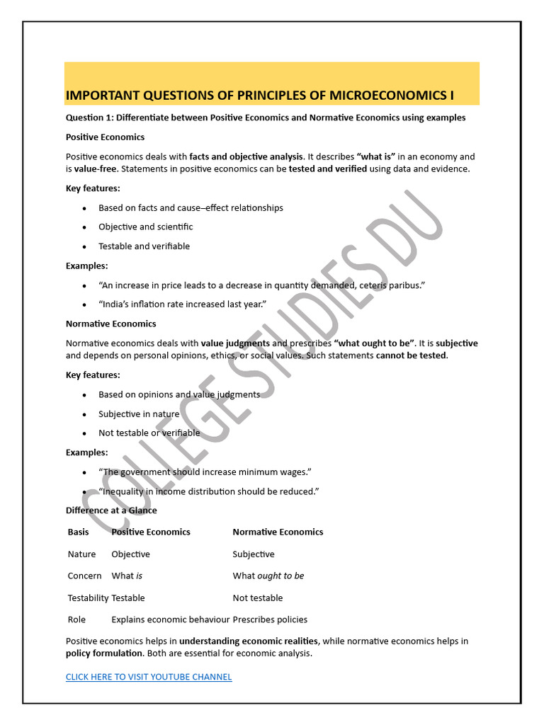 Important Questions of Principles of Microeconomics i | PDF ...