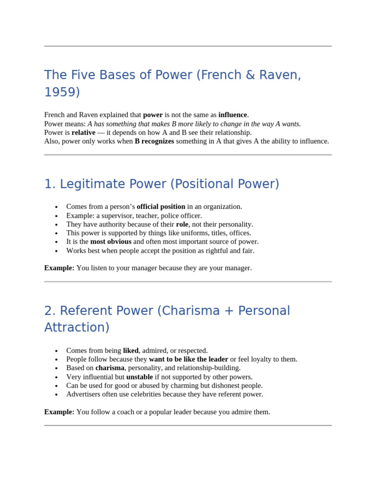 Understanding French & Raven's Power Bases | PDF | Power (Social And ...