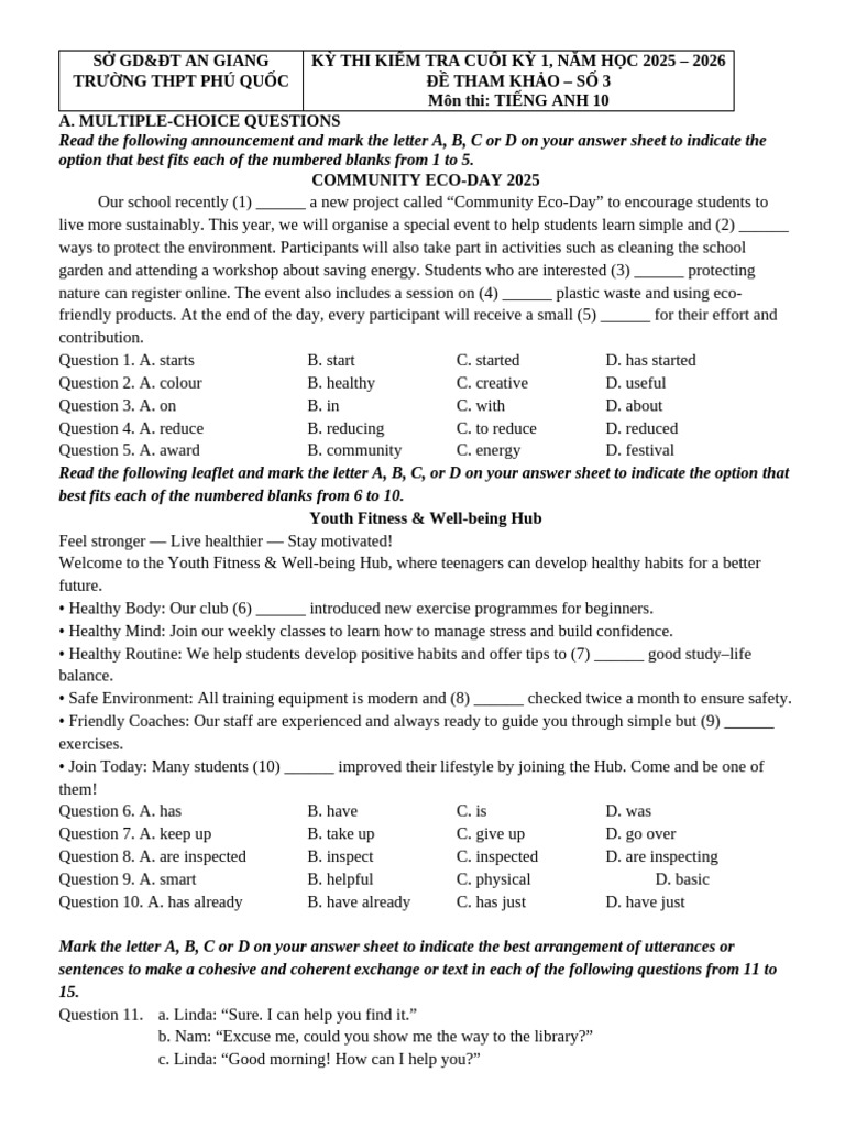English 10 Final Exam Sample 2025-2026 | PDF | Tourism | Sustainability