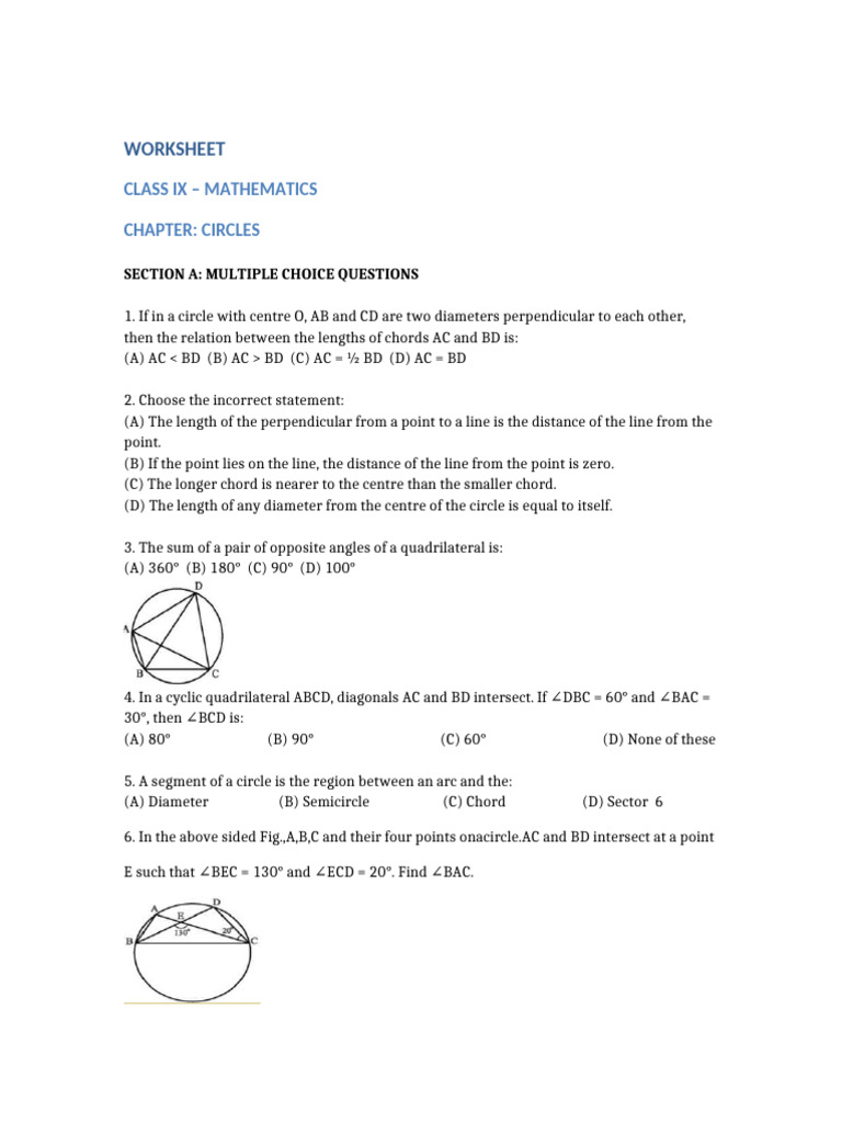 Class IX Mathematics: Circle MCQs & Answers | PDF | Circle | Perpendicular