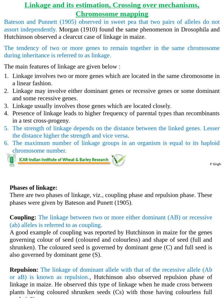 Linkage and Its Estimation, Crossing Over Mechanisms, Chromosome ...