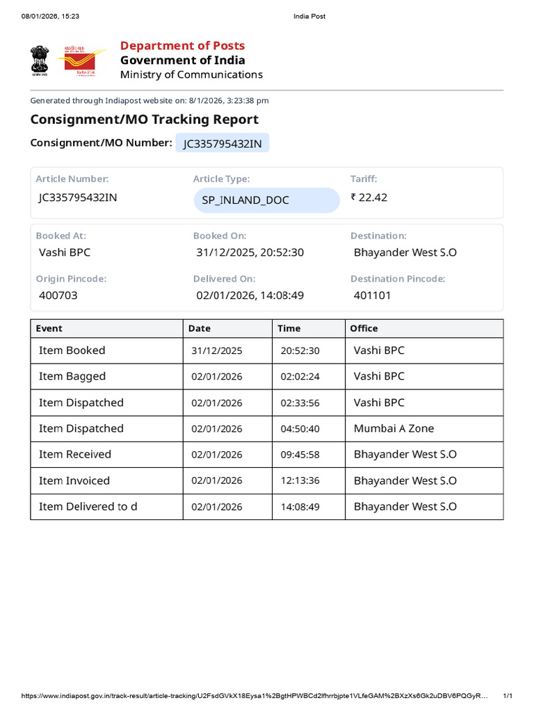 India Post Consignment Tracking Report | PDF