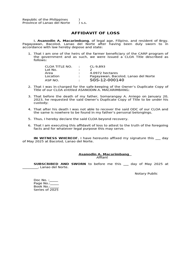 Affidavit of Loss for CLOA Title | PDF