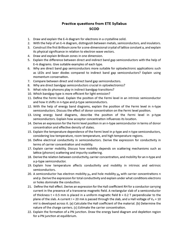 Practice Questions SCOD | PDF | P–N Junction | Band Gap