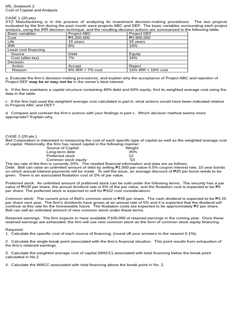 Cost of Capital Analysis for Projects ABC & DEF | PDF | Cost Of Capital ...