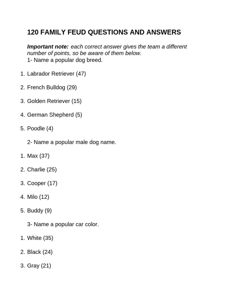 120 Family Feud Questions and Answers | PDF | Thanksgiving Dinner | Caramel