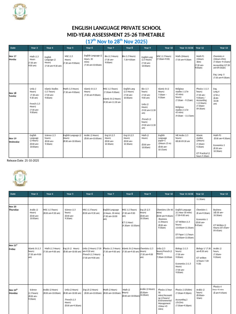 MYA TIME TABLE - YR 3-13 NOV 2025 For y 10 | PDF
