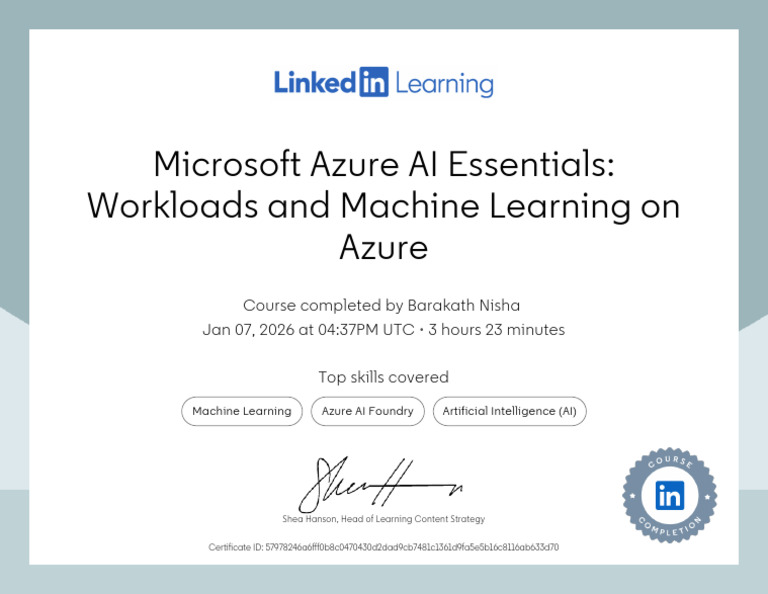 CertificateOfCompletion_Microsoft Azure AI Essentials Workloads and Machine Learning on Azure | PDF