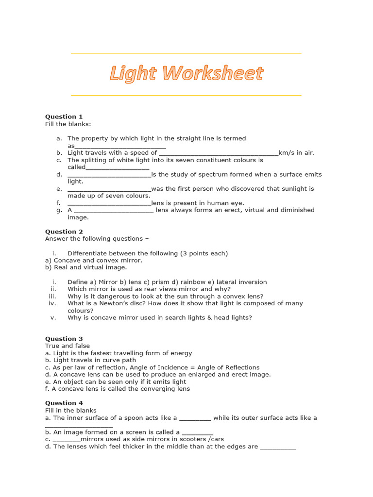 Light Worksheet | PDF | Mirror | Light