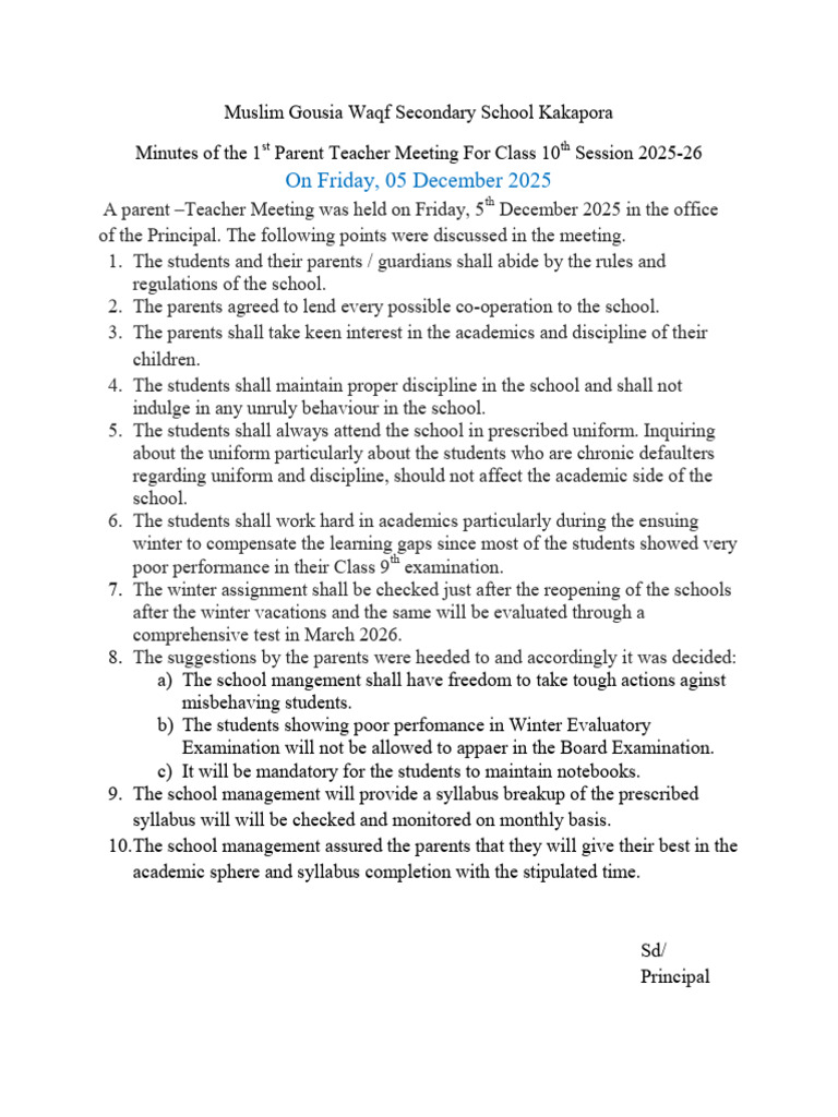 Class 10 Parent-Teacher Meeting Minutes | PDF
