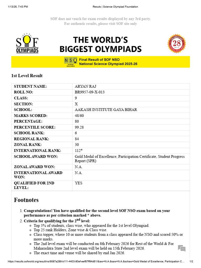 SOF NSO Exam Results for Aryan Raj | PDF | Chess Openings | Chess