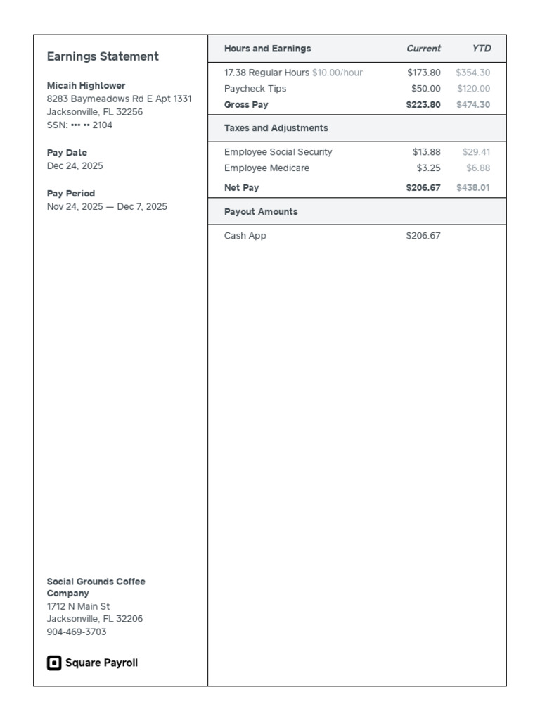 Paystub Social Grounds Coffee Company (2025-11!24!2025!12!07) | PDF