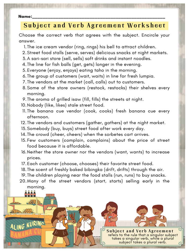 Subject and Verb Agreement Worksheet Pinoy Street Food Style - 20260109 ...
