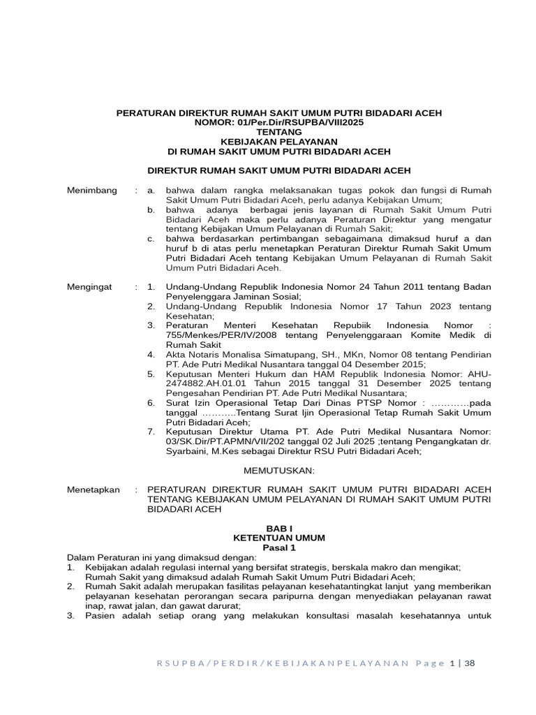 Kebijakan Pelayanan RSU Putri Bidadari Aceh | PDF