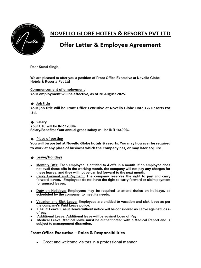 Novello Globe Hotels Job Offer Letter | PDF | Sick Leave | Employment