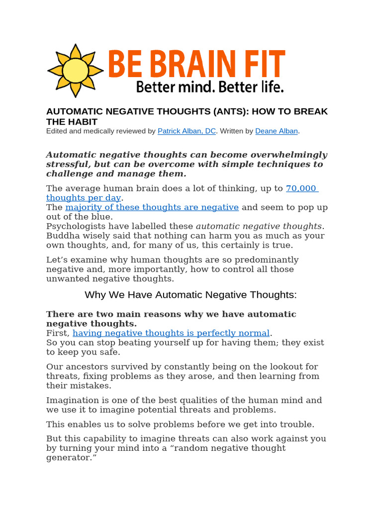 Automatic Negative Thoughts | PDF | Thought | Meditation