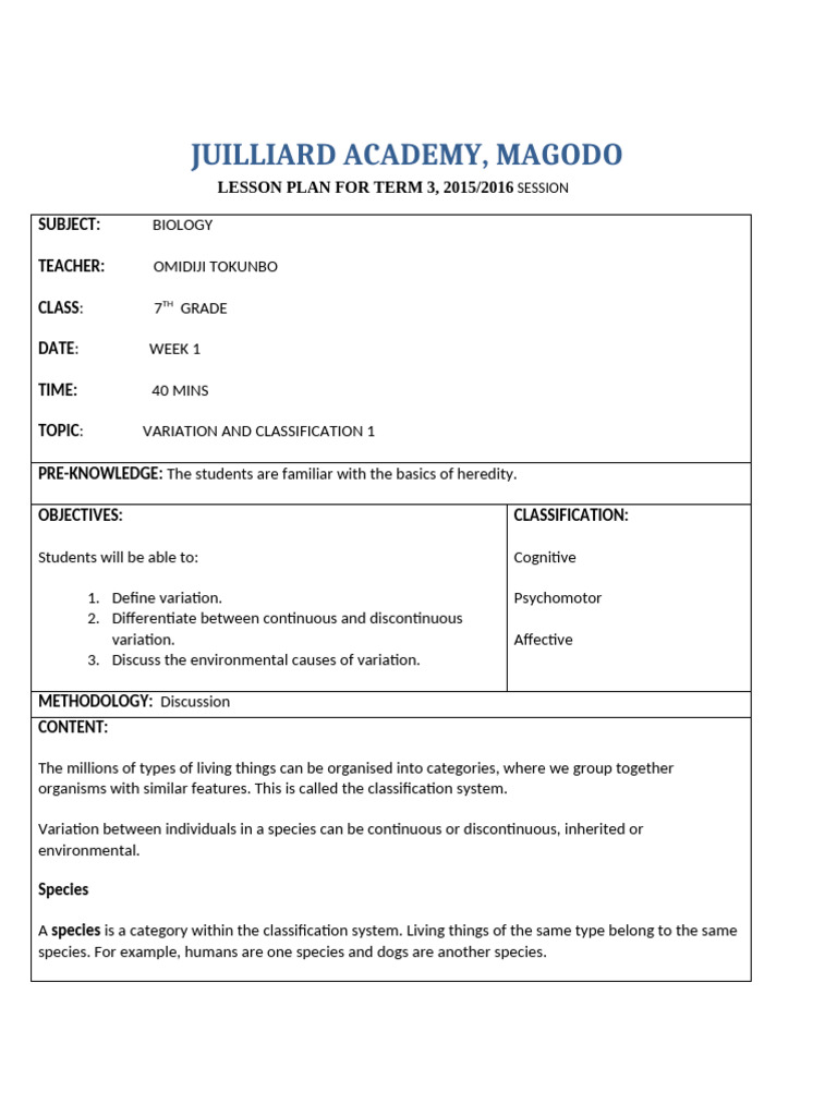 Biology Lesson Plan Year 7 Week 1, 2014-2015 | PDF | Cellular ...