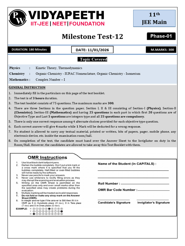 JEE Main Milestone Test-12 Overview | PDF | Gases | Mechanics
