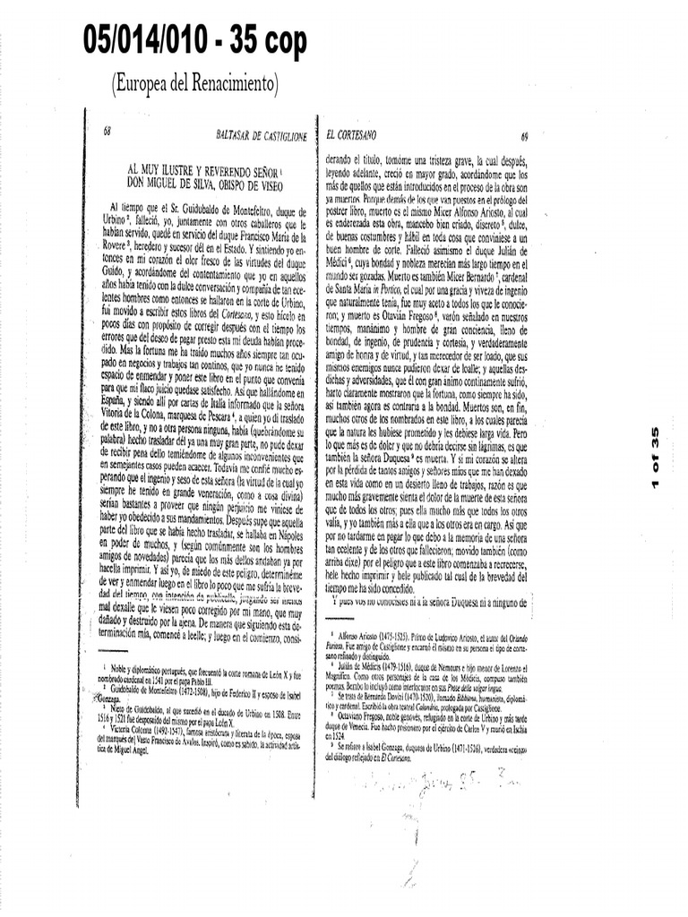 05014010 CASTIGLIONE - El cortesano (Libro primero) | PDF