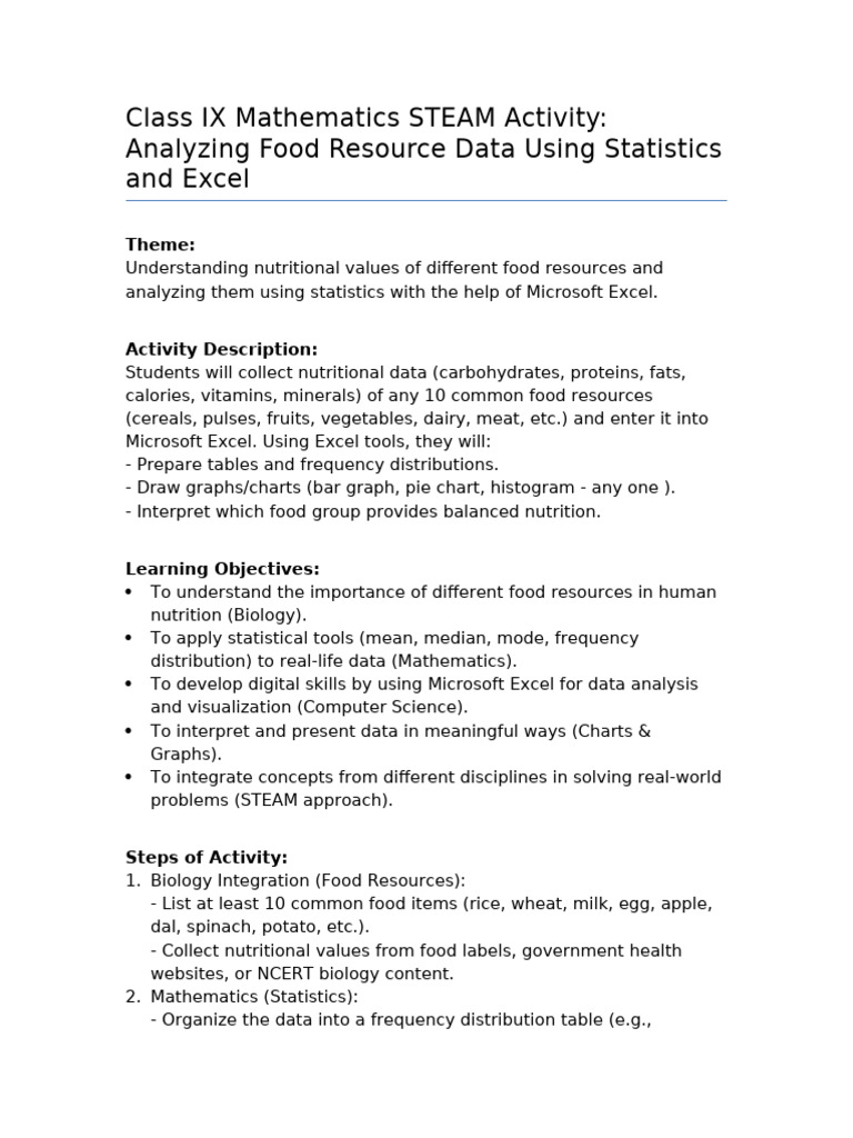 STEAM Activity Statistics Class IX Mathematics | PDF | Foods | Statistics