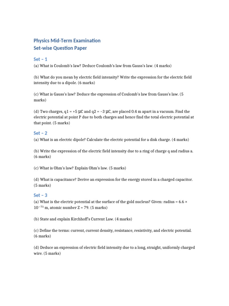 Physics Midterm Setwise Questions | PDF