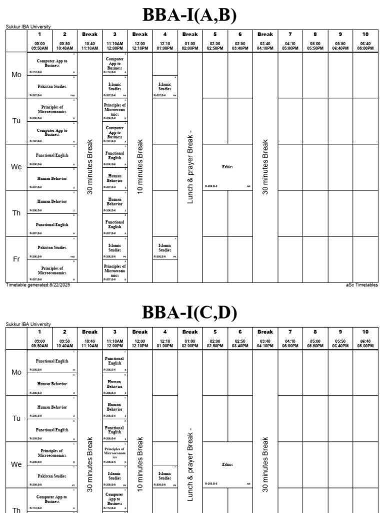 Fall 2025 Timetable w.e.f. 25th August 2025 Classwise | PDF | Business Economics | Economics