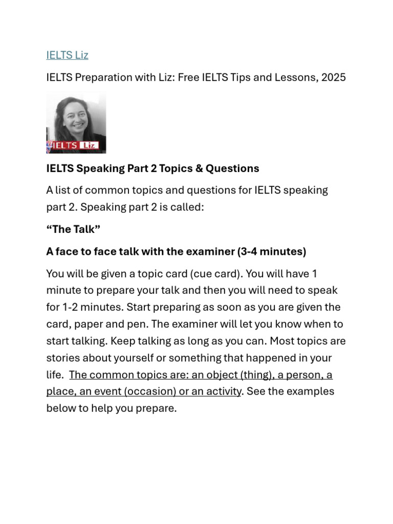 IELTS Speaking Part 2 Topics Guide | PDF