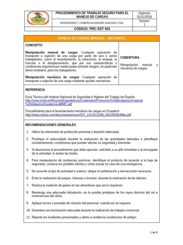 PRC-SST 001 Procedimiento de Trabajo Seguro Para El Manejo de Cargas | PDF | Máquina elevadora ...