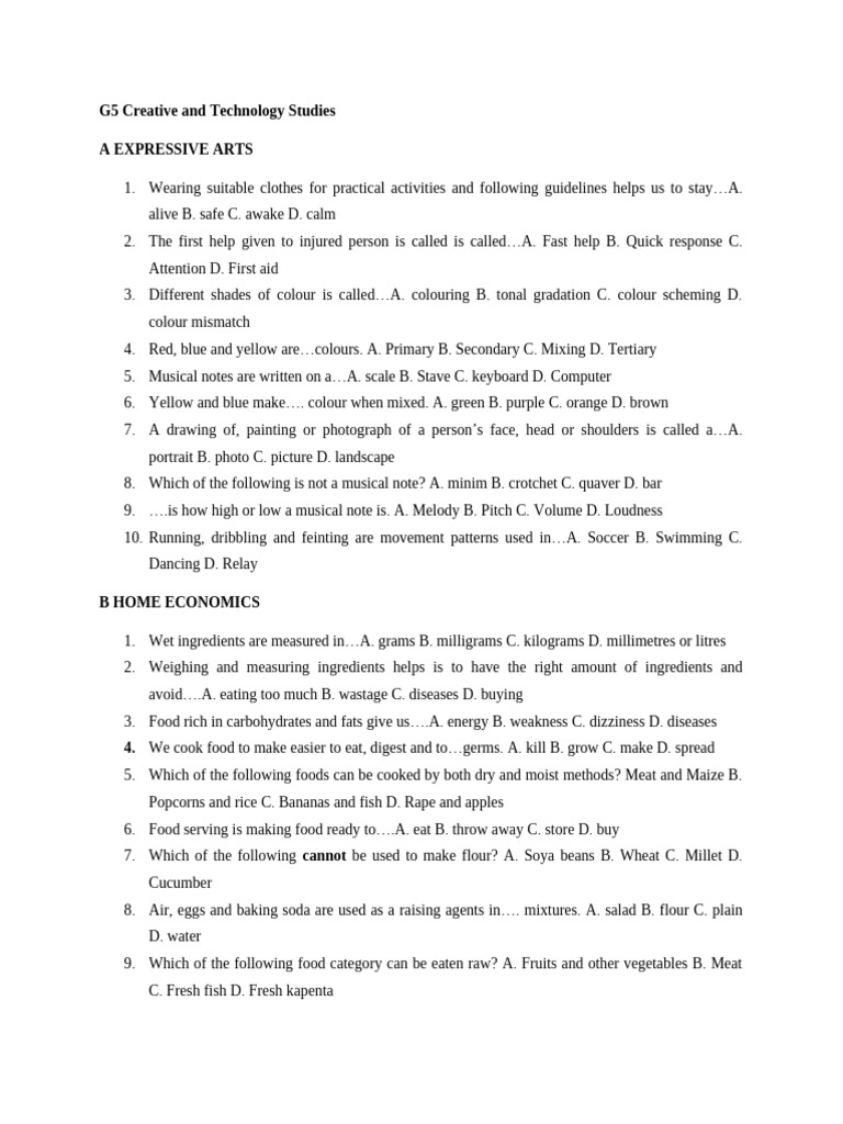 Creative Arts and Home Economics Quiz | PDF | Foods | Cuisine