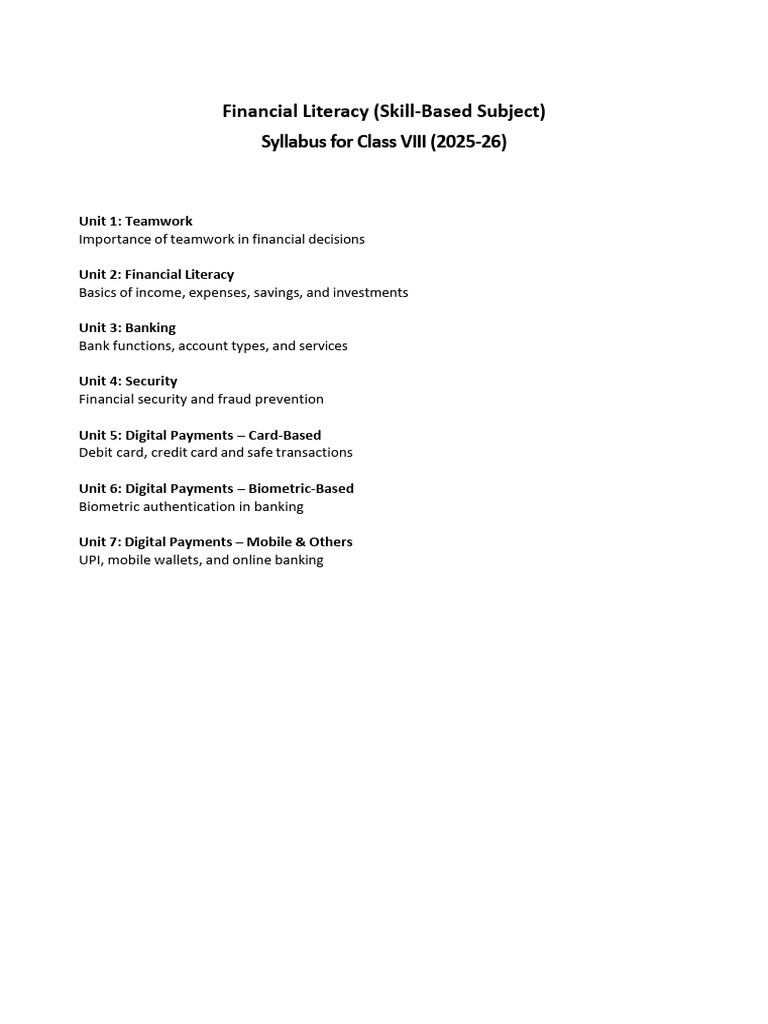 Class VIII Financial Literacy Syllabus | PDF