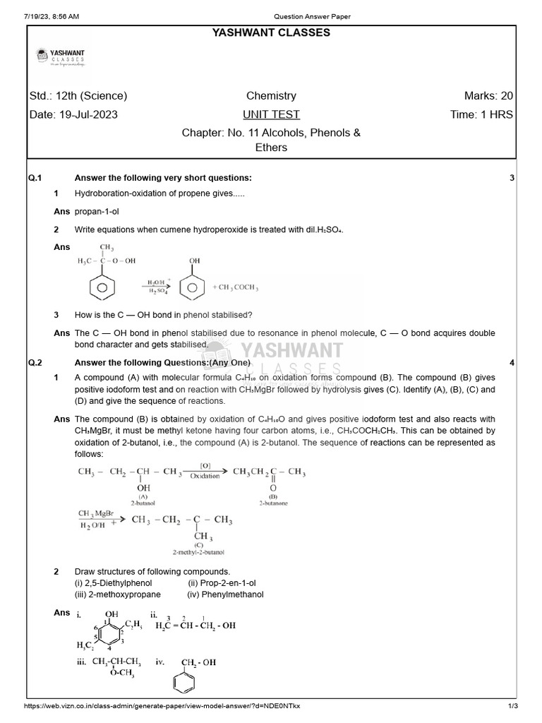 Std 12 Chemistry Unit Test: Alcohols & Phenols | PDF | Organic ...