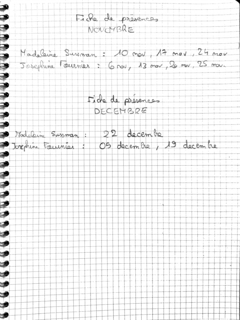 Fiches de Présences, Novembre & Décembre | PDF