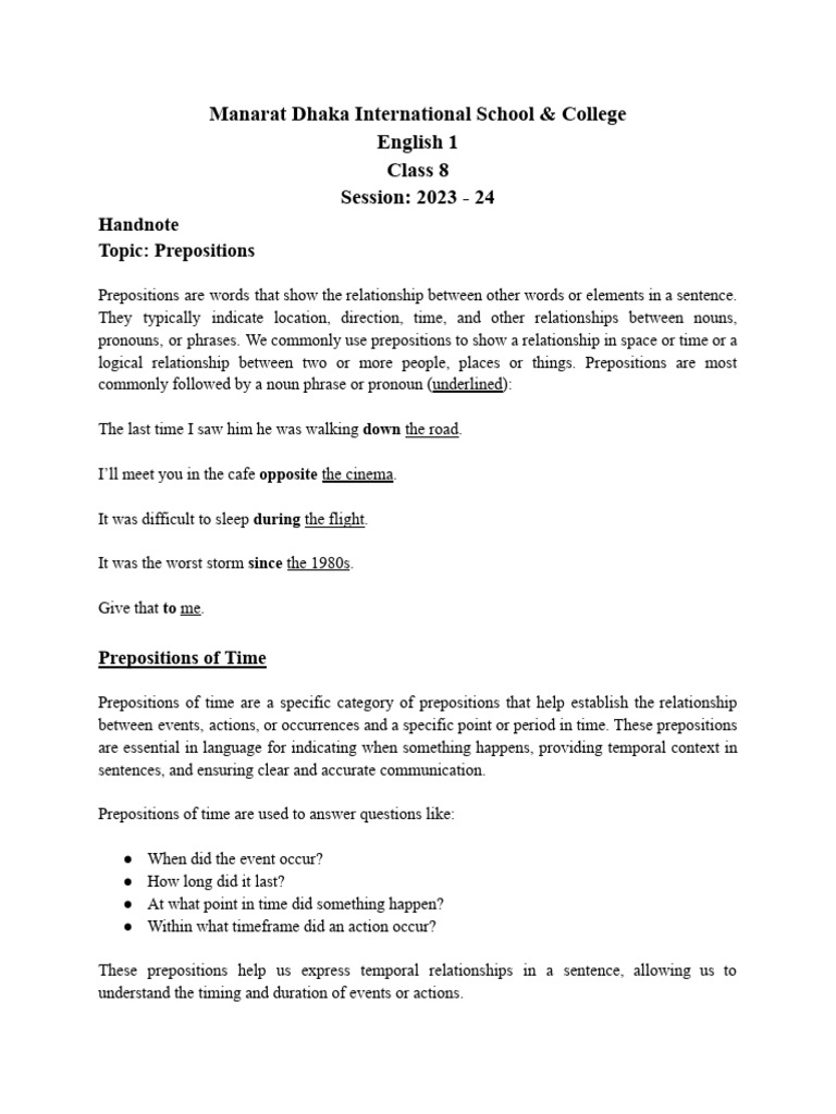 English 1 Handnote on Prepositions (Class 8) - RY | PDF | Pronoun ...