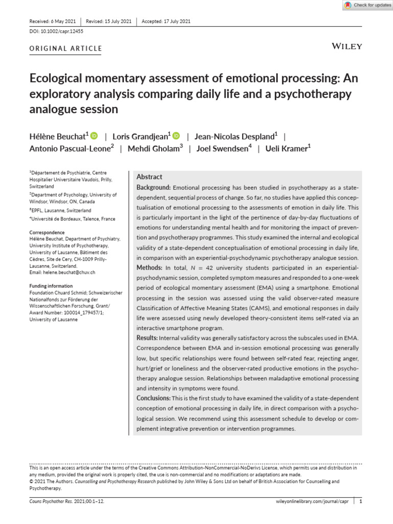 Ecological Momentary Assessment of Emotional Processing an Exploratory ...