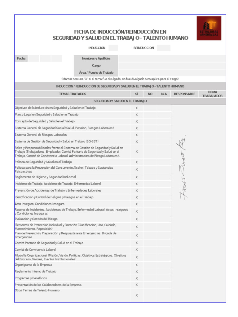 Formato De Induccion 2025 Pdf Valores