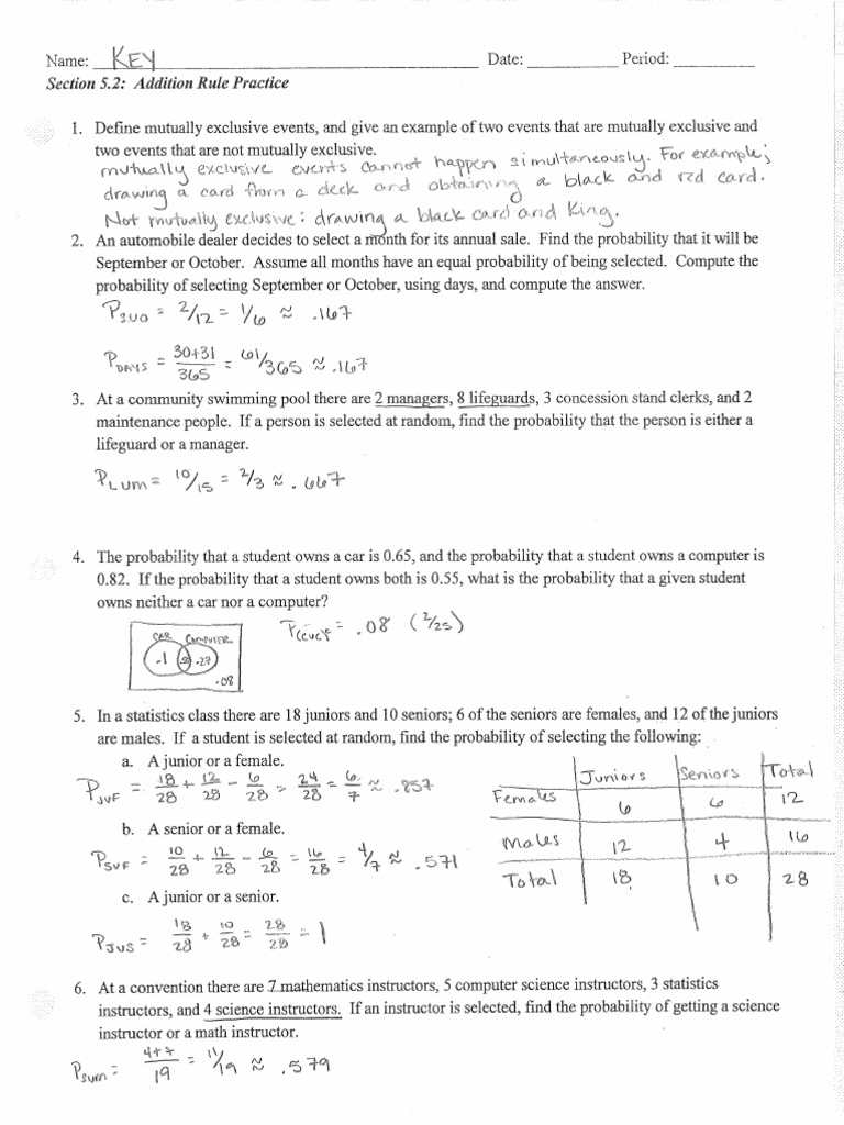Addition Rule Practice Key | PDF