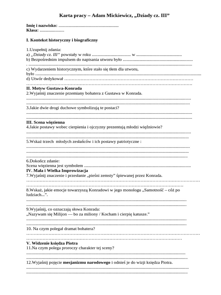 Dziady CZ - III-Karta Pracy | PDF