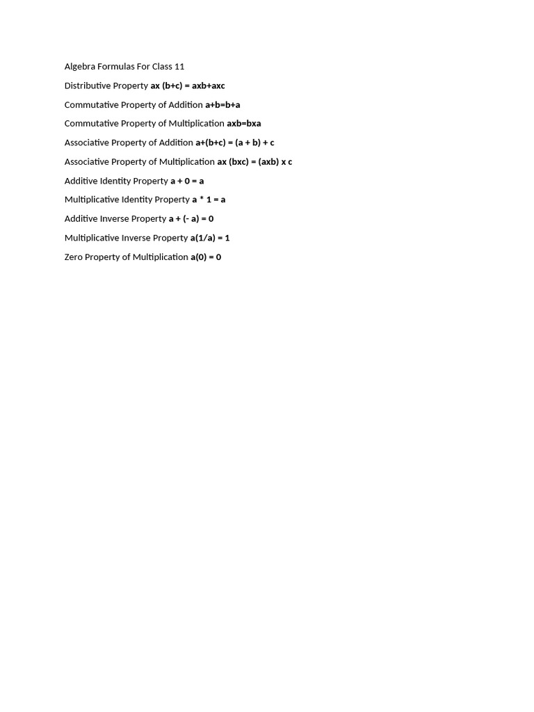 Essential Algebra Formulas for Class 11 | PDF