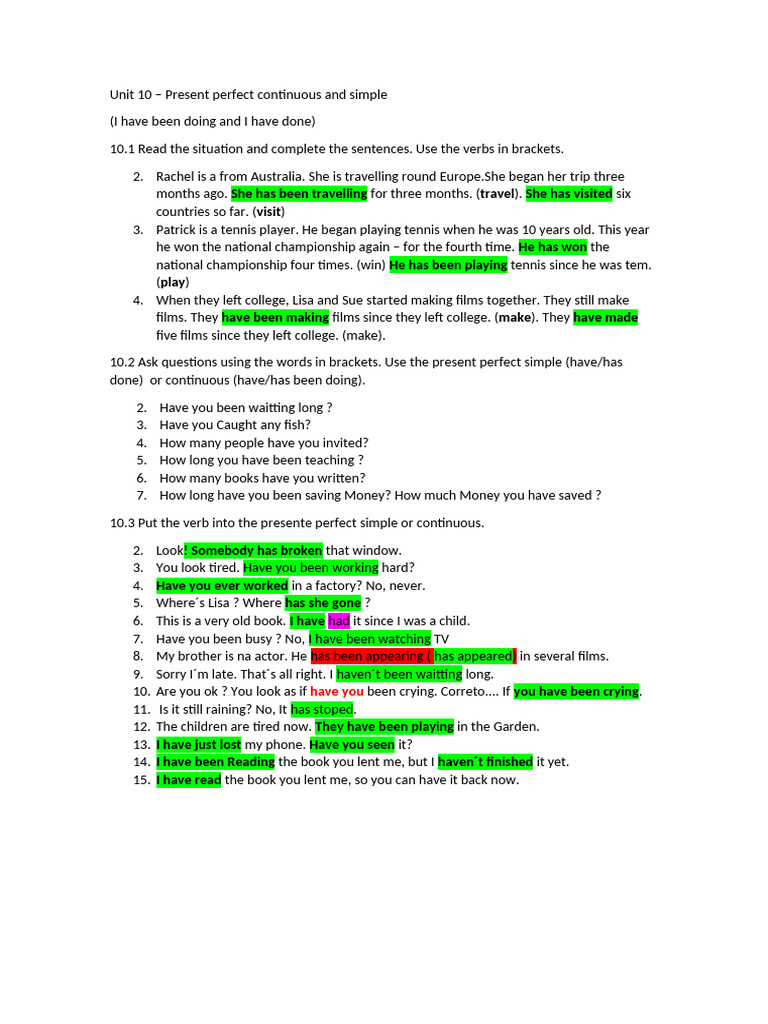 Unit 10 Present Perfect Continuous and Simple | PDF