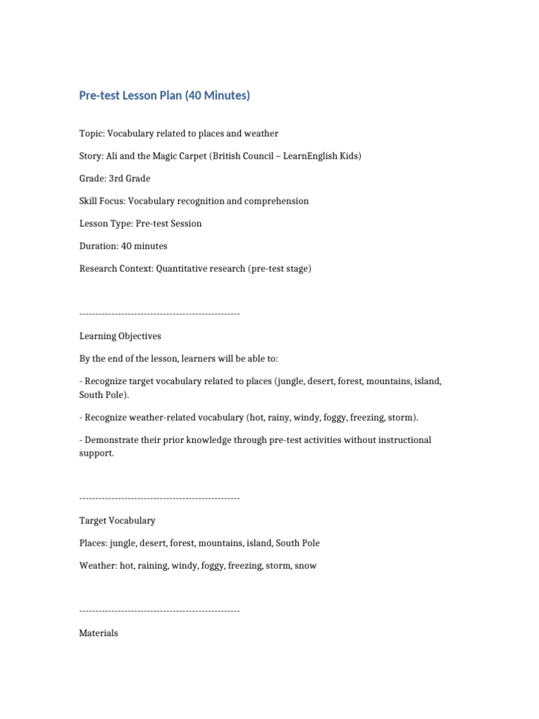 3rd Grade Vocabulary Pre-Test Plan | PDF | Vocabulary | Reading ...