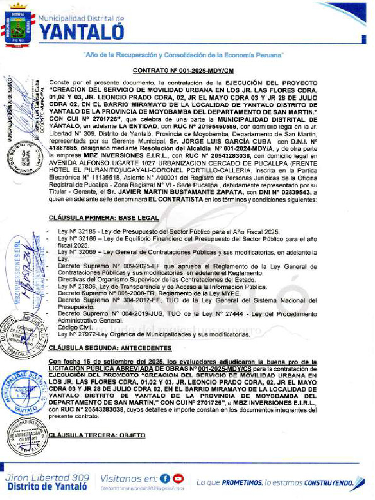 CONTRATO N°001-2025-MDY-GM Y ADICIONAL N°01 (2) | PDF